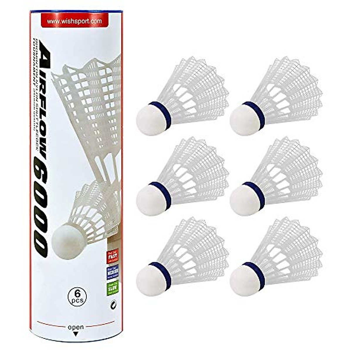 Wish Airflow 6000 Badminton Tournament Shuttlecocks – 6 Pack Tube of Durable Nylon Shuttlecocks with Cork Tips – Badminton Birdies for Indoor and Outdoor Play, White