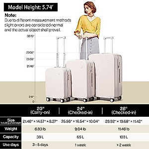 Mixi 3-Piece Luggage Set Hardside PC Travel Suitcase Rolling Bag Spinner Wheels TSA Lock, 20+24+28 Off White(Slight Pink), with Cover