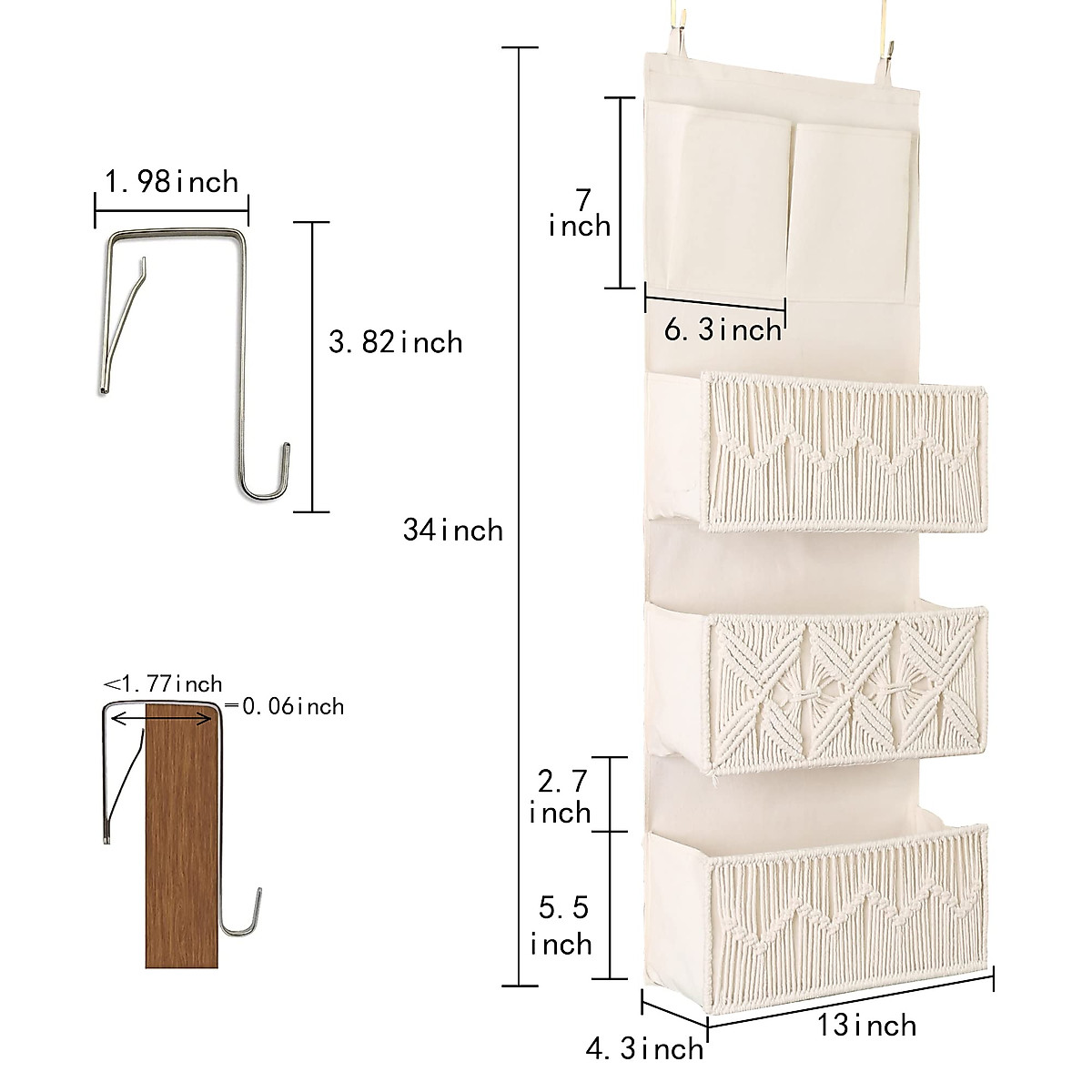 FEILANDUO Over The Door Organizer Boho Macrame Closet Organizers and Storage with 3 Large Woven Pockets Behind Door Organizer for Nursery, Pantry, Bathroom, Bedroom, Dorm (Ivory)