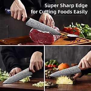 VINNAR Damascus Chef Knife, Japanese VG-10 Super Sharp 8 inch Professional Kitchen Knives, Ergonomic Blue G10 Handle，Sharpest Cooking Knife Best Choice for Home Kitchen and Restaurant