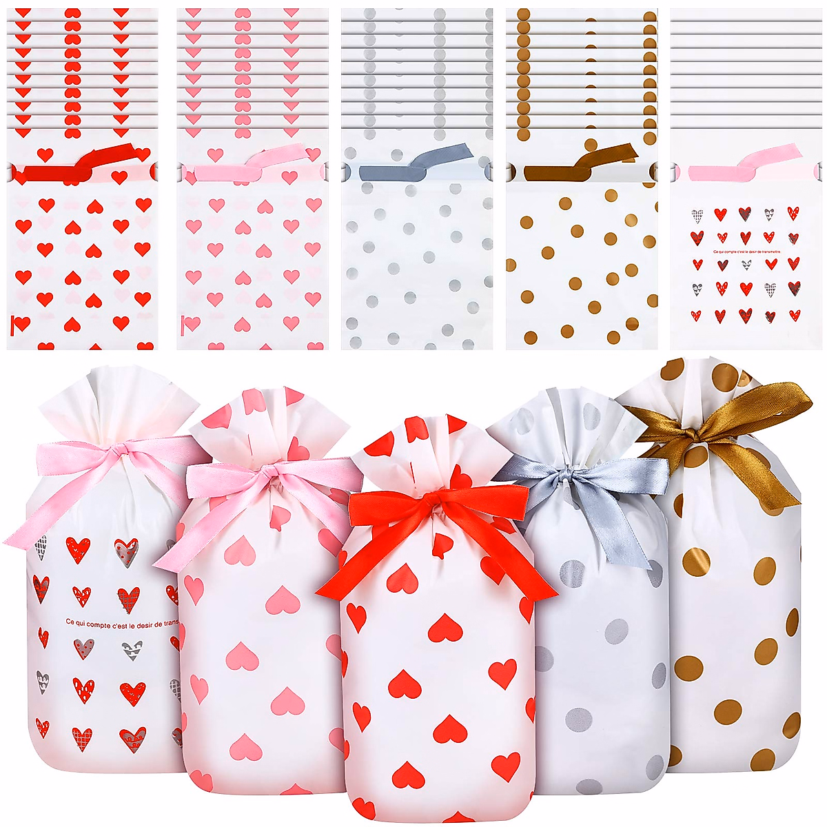 50 Pieces Treat Bags Valentines Day Cookie Goodies Bags Hearts Plastic Drawstring Candy Wrapping Bags for Wedding Party Bridal Engagement Favors, 5 Styles