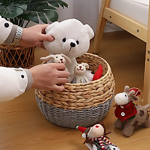 YAHUAN Round Woven Water Hyacinth Storage Basket - Cotton Rope Wicker Decorative Basket for Organizing Blankets - Living Room Bathroom (Grey)