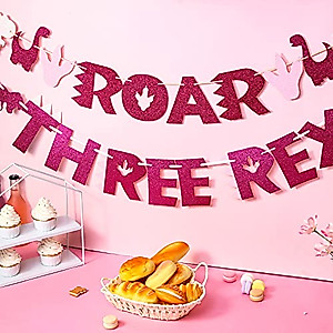 Three Rex Banner Rose Red and Dinosaur ROAR Garland Glitter for Girls 3rd Birthday Dinosaur Party Supplies, Pink Dinosaur Party Decorations
