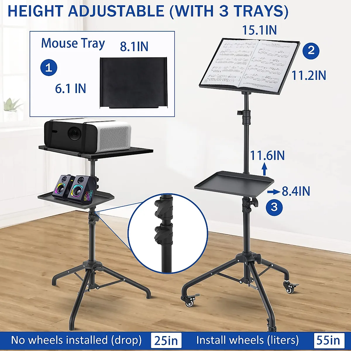 Projector Stand Tripod Adjustable Height, with Wheels, 2 Shelves, Mouse Tray Laptop Tripod, Outdoor Projector Stand for Backyard, Studio