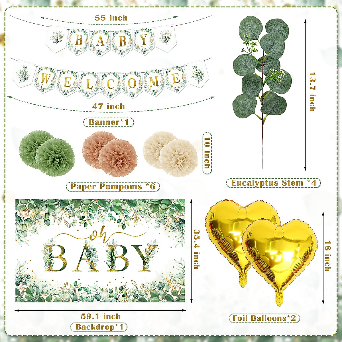 Sage Green Baby Shower Decoration for Girl Boy 99Pcs, Boho Greency Neutral Party Supplies with Oh Baby Backdrop Tablecloth Balloon Garland Kit for Woodland Safari Gender Reveal Party Decor