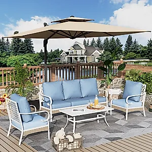 MIXPATIO 4 Piece Patio Furniture Set, 2 x Fixed Chair, 1 x 3-Seat Sofa with Marbling Coffee Table, All Cushioned 5 Seats Outdoor Conversation Set for Lawn Garden Backyard, Blue