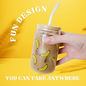 BANANA POP-ART CUP, TUMBLER, ICED COFFEE CUP, BAMBOO LID, GLASS STRAW, 12 OZ DRINKING GLASS, BEER CAN SHAPED GLASS, MASON JAR, BANANA GIFT, BANANA ACCESSORIES, BANANA CUP, ICED TEA, LEMONADE CUP