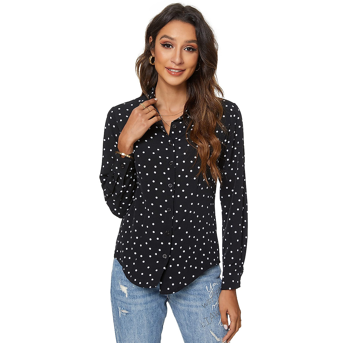 Atnlewhi Women Basic Long Sleeve Button Down Shirts Simple Pullover, Polka Dot/Black, L