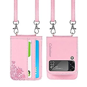 Cabottser Case for Samsung Galaxy Z Flip 3 / Z Flip 4 Wallet Phone Case Lanyard Crossbody, Pink Women Men Soft PU Leather Hard PC Adjustable Strap Card Slots Shockproof Flip Cover for Z Flip 3/4