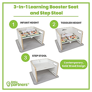 Little Partners® 3-in-1 Wooden Learning Booster Seat for Toddlers - Converts to Step Stool for Kids - Seat Cushion, Silicone Mat, and Booster Chair with Safety Straps - Feeding Chair (White)