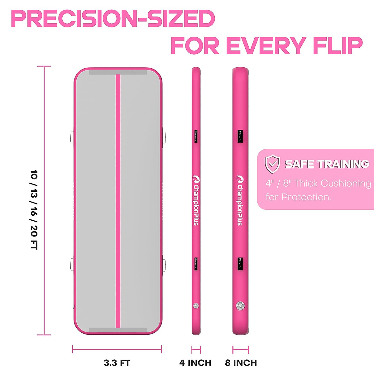 CHAMPIONPLUS 10ft 13ft 16ft 20ft Tumble Track Tumbling Mat Inflatable Gymnastics Air Mat 4/8 inches Thickness for Home Training Cheerleading Yoga with Electric Air Pump Pink 20'x3.3'x4''