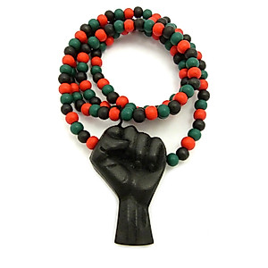 Hip Hop Rising Fist Pendant 8 mm 24, 27, 30 inches Wooden Bead Necklace (Multi Beads, 36)
