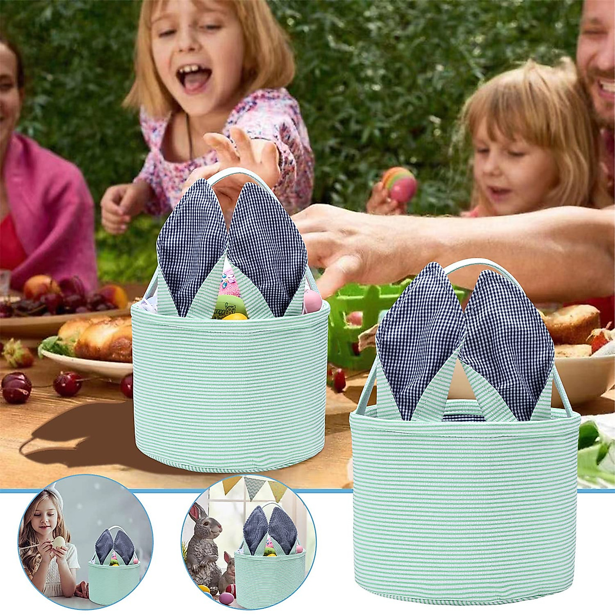 Easter Baskets Seersucker Bunny Bag for Kids, Cute Easter Bucket Bags with Rabbit Ears for Easter Eggs Hunting