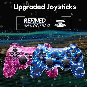 Bowei PS3 Controller Wireless 2 Pack Double Shock Gamepad for Playstation 3 Remotes, Six-Axis Wireless PS3 Controller with Charging Cable, Blue+ Purple