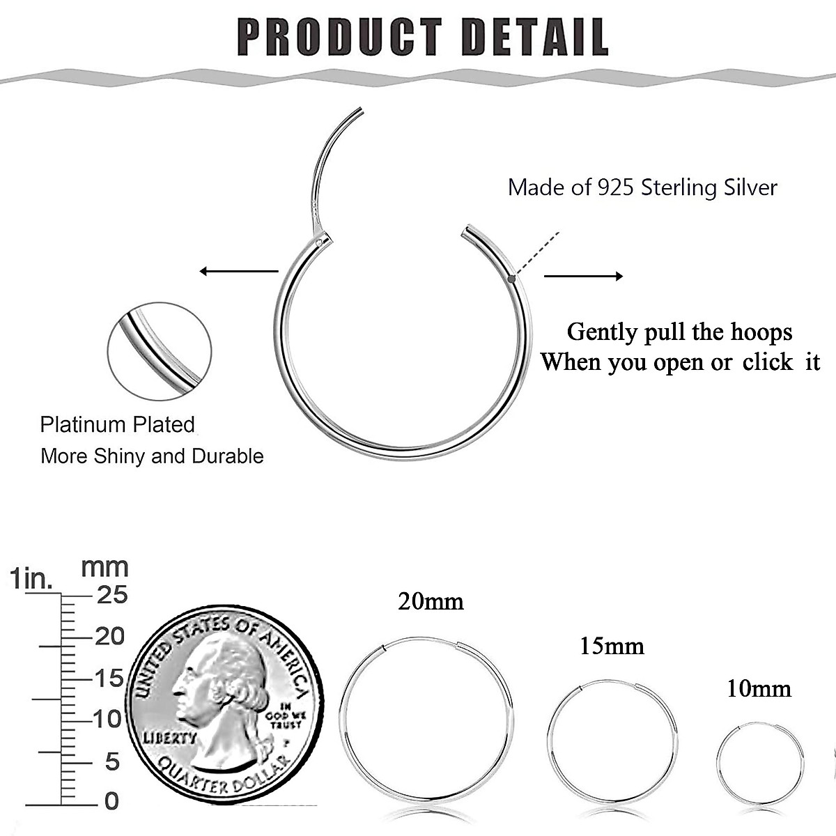 Sllaiss 3 Pairs 925 Sterling Silver Small Hoop Earrings For Women Men Round Endless Hoop Earrings Set Lightweight 10MM 15MM 20MM (Set 1：10MM 15MM 20MM)