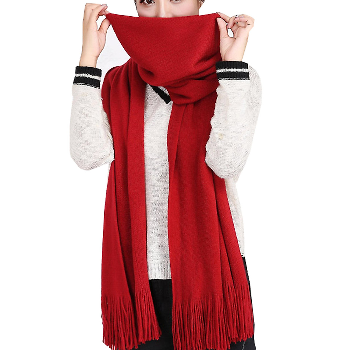 Wander Agio Women's Wraps Warm Long Scarves Winter Scarfs Pure Color Scarf Tassel Wine Red