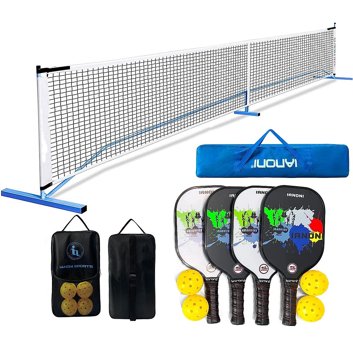 KUIWA Portable Pickleball Net Set Official Size—4 Pickleball Paddles, Carrying Bag, 22FT Pickleball Net System, Assembly Manual, 4 Outdoor Pickleball Balls