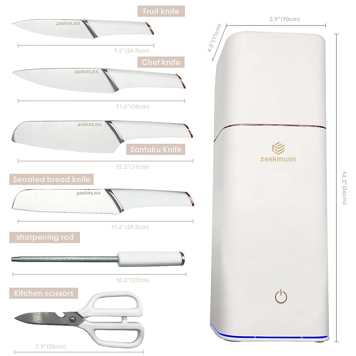 ZEEKMUSS Knife Set Knife Sets for Kitchen with Block 6-Piece Stainless Steel Block Knife Set with Sharpener Kitchen Scissors Smart Knife Holder Keep Clean and Dry Kitchen Home Gift (White)