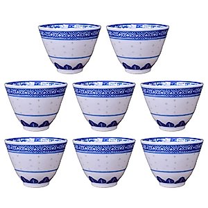Woonsoon Chinese Handmade Kungfu Tea Cup 70 ml, Set of 8 Bone China Blue and White Tea Cups,Ceramic Tea Mugs Without Handles,Best Gift