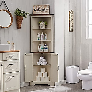 OKD Tall Corner Cabinet, Farmhouse Storage Cabinet with Barn Door Design & Adjustable Shelves, Home Space Saver for Bathroom, Living Room, Laundry Room, Rustic Oak with Antique White