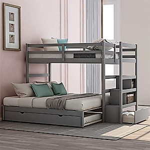 Twin Over Twin/King Bunk Beds with Trundle, New Version Wooden Bunk Beds with Storage Drawers and Stairs, Extendable Pull-Out Bunk Bed, Convertible to Twin Over King Bunk Beds (New, Grey)