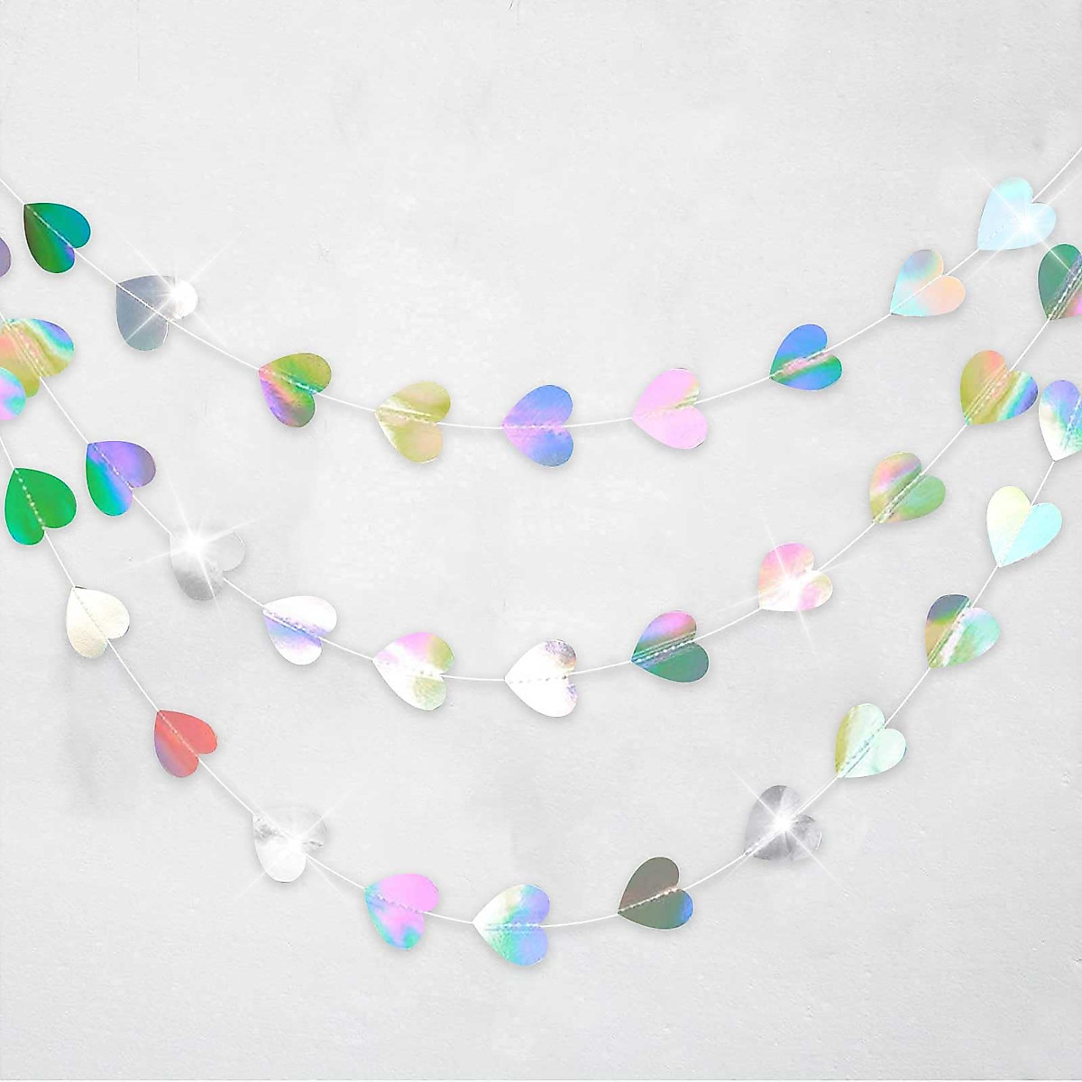 Fecedy 4 Pack Iridescent Love-Heart Garland Hanging Neon Streamers Banner for Birthday Bachelorette Baby Bridal Shower Engagement Valentines Decoration