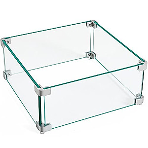 Yaheetech Gas Fire Pit Wind Guard for Square Fire Table, 15 x 15 x 6.5 inch Clear Tempered Wind Guard for Firepits, Thick Square Glass Shield, Glass Panel with Hard Aluminum Corner Bracket & Feet