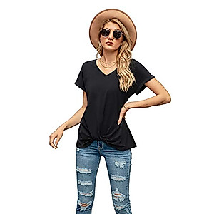 Iandroiy Women's V Neck Short Sleeve Casual Tops Twist Knot Blouse T Shirts (X-Large, Black)