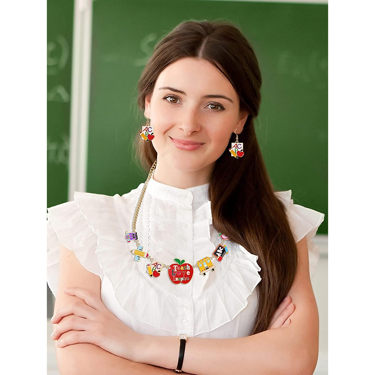 Teacher Earrings Necklace for Women Cute Back to School Apple Pencil School Bus ABC Chalkboard Owl Charms Pendant Necklace Hypoallergenic Notebook Drop Dangle School Student Earrings Jewelry Set Fun