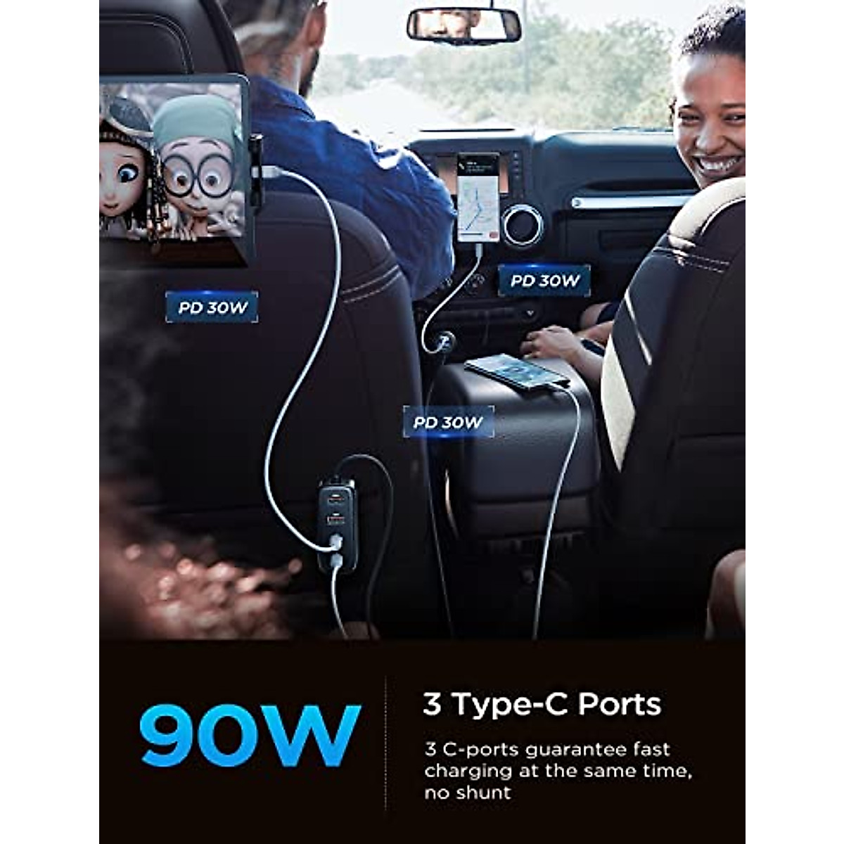 AINOPE 90W USB C Car Charger 6-Port, Super Fast USB Car Charger Fast Charging, PD 30W & QC3.0 Cigarette Lighter Car USB Charger Multi Port with 5FT Cable for iPhone 14/iPad Pro/Samsung S23 Ultra