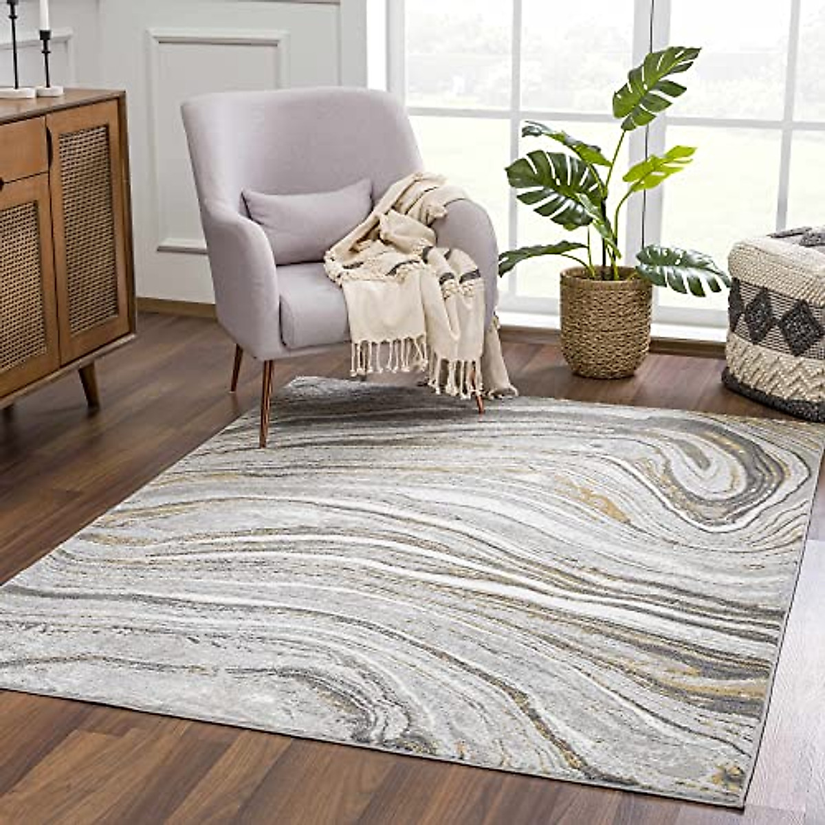Hauteloom Liverpool Modern Abstract Bedroom Living Room Area Rug - Marble Swirl Pattern - Contemporary Bohemian Farmhouse - Light Grey, Dark Grey, Yellow - 5'3" x 7'