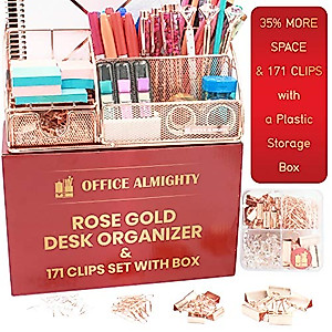 OFFICE ALMIGHTY Rose Gold Desk Organizer for Women: Exclusive Large 6 in 1 Mesh Metal Supplies Organizer with Pen Holders, Folder Holder & Accessories Drawer + BONUS 171 Clips Set w/ a Plastic Box