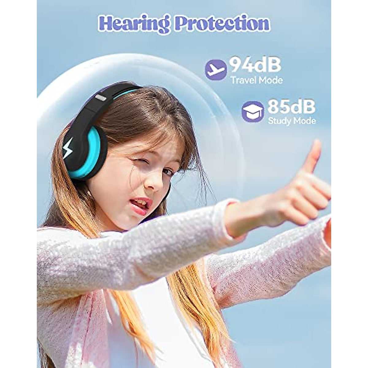 Kids Bluetooth Headphones, Colorful Wireless Over Ear Headset with LED Lights, Built-in Mic, 45H Playtime, 85dB/94dB Volume Limited Headphones for Boys Girls iPad Tablet School Airplane (Blue)