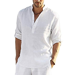 COOFANDY Men's Cotton Linen Henley Shirt Long Sleeve Hippie Casual Beach T Shirts White