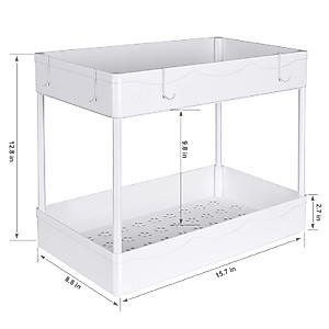 Under Sink Organizers and Storage,Under The Bathroom Sink Storage,2 Tier Under Sink Shelf with 4 Hooks,Bathroom and Kitchen Countertop Standing Rack,Under Sink Organizer for Bathroom Kitchen,White
