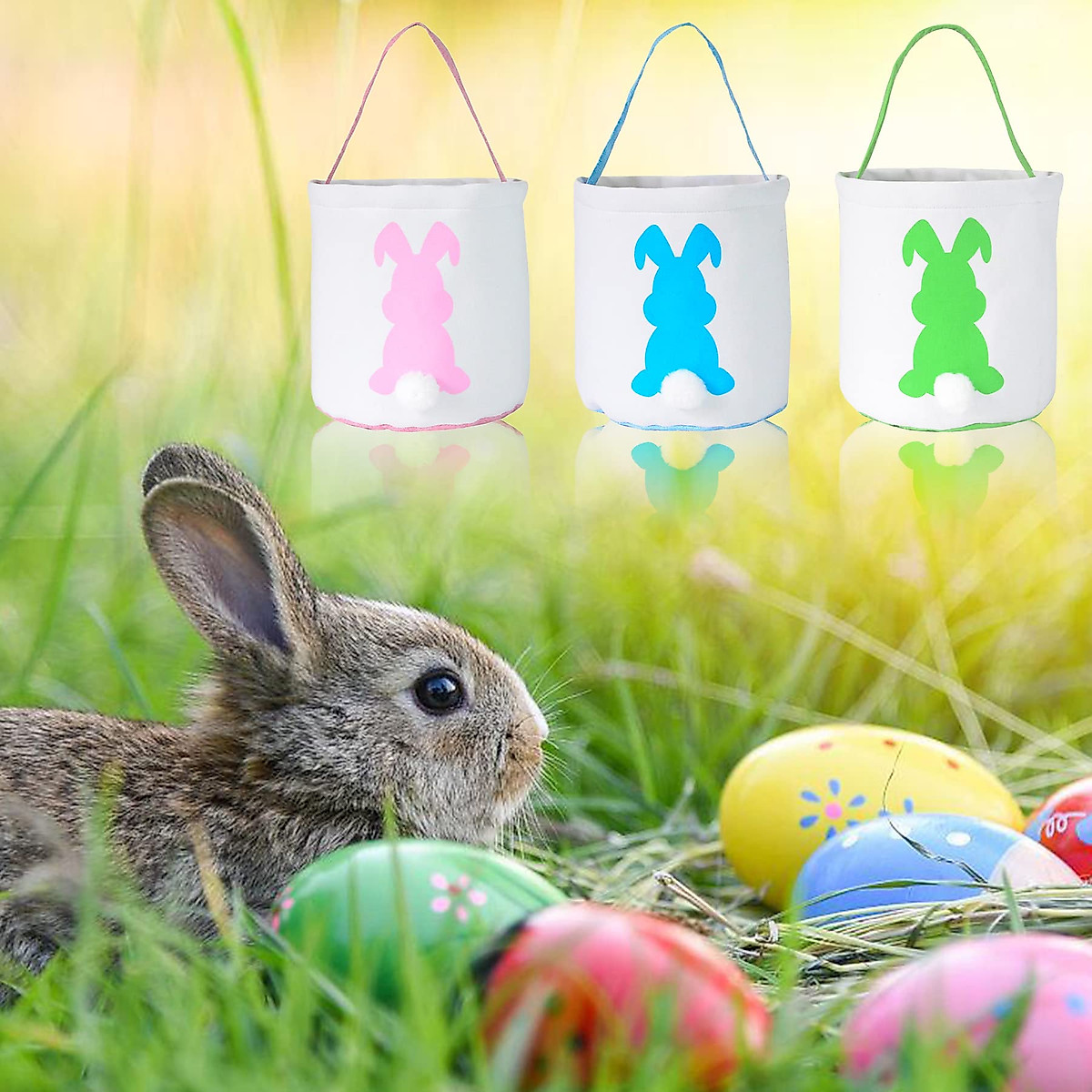 5 Pcs Easter Bunny Basket Bags, Canvas Easter Tote Bags for Kids Gift Bunny Ear Tote Bags Rabbit Ears Design Baskets for Kid's Egg Hunting Party Decoration Toys