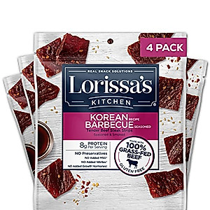 Lorissa's Kitchen Premium Grass-Fed Steak Strips, Korean Barbecue, 2.25 Oz. 4 Count - No Added MSG or Nitrites, Keto Friendly Snacks & Gluten Free, More Tender Than Traditional Beef Jerky