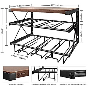 OOir onOO Wall Mounted Wine Rack - Wood Rustic Wine Bottle Glass Floating Shelves Holds with Stemware Rack, 8 x Glasses and 11 xWine Bottles for Kitchen,Dining Room,Bar,15 Inch（Black）