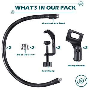 2 Pcs Gooseneck Mic Stand Mic Holder Microphone Stand Mount Adjustable Arm Adapter Podium Microphone Flexible Gooseneck Desktop 3/8 to 5/8 Inch with Clip Desk Clamp Music Recording Equipment