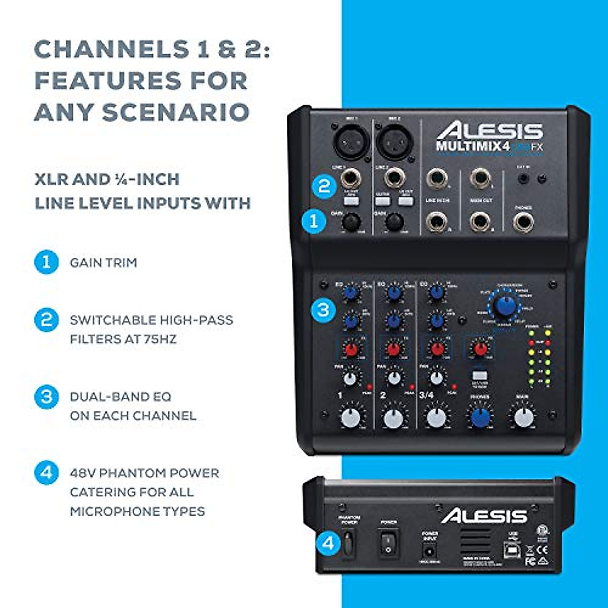 Alesis MultiMix 4 USB FX | 4 Channel Compact Studio Mixer with Built In Effects & USB Audio Interface for Home Studio Recording