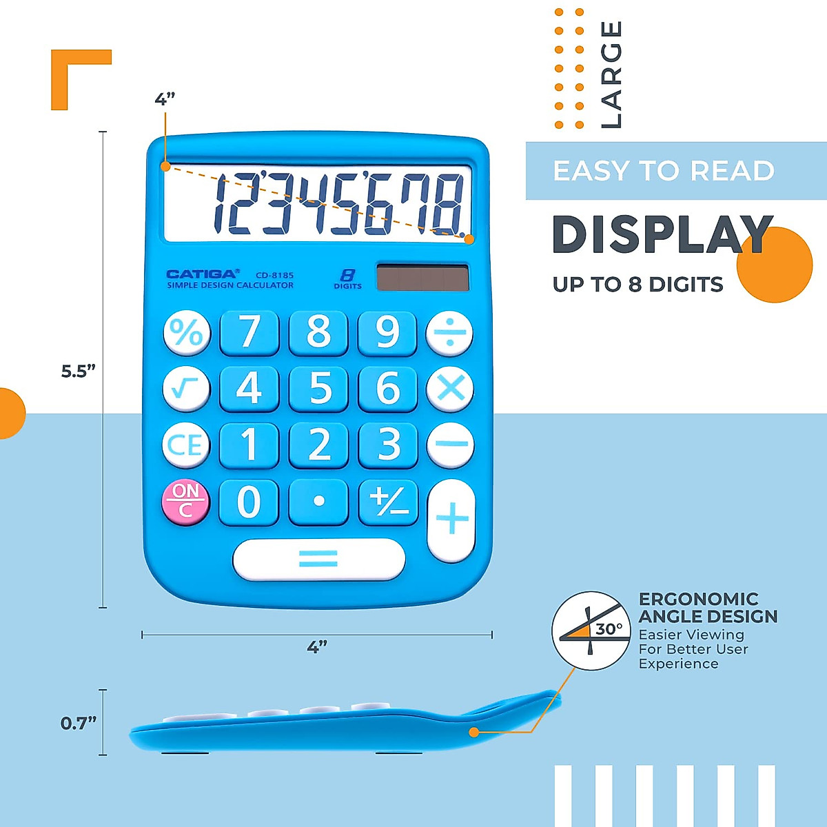 CATIGA Desktop Calculator 8 Digit with Solar Power and LCD Display, Big Buttons, for Home, Office, School, Class and Business, 4 Function Small Basic Calculators for Desk, CD-8185