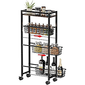 4-Tier Slim Storage Cart with Wheels,Rolling Utility Cart with Slide-Out Wire Baskets & Wooden Tabletop,Mobile Shelving Unit Storage Organizer,Narrow Rolling Storage for Kitchen Bathroom Laundry Room
