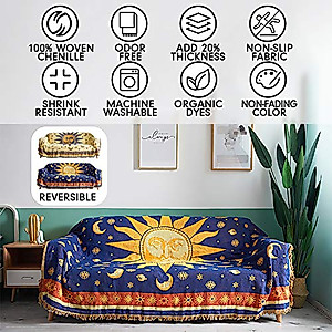 MayNest Sun And Moon Stars Hippie Throw Blanket Celestial Tapestry Double-sided Reversible Woven Cotton Home Decor Bedding Chair Couch Recliner Cover Loveseat Rug Oversized Tassels Blue Yellow (91x71)