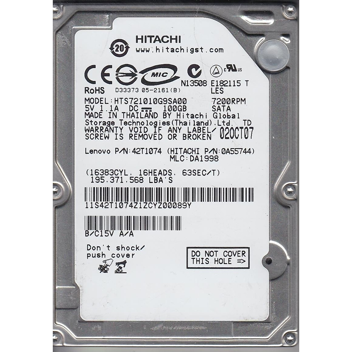 Hitachi Travelstar 7K100 HTS721010G9SA00 100GB SATA Laptop Hard Drive 7200RPM 8MB 2.5" Notebook
