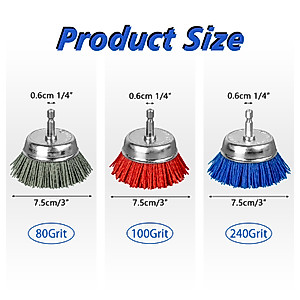 SALI 6Pack 3 Inch Cup Brush Nylon Filament Abrasive Wire Brush Wheel with 1/4 Inch Hex Shank, Three Grits Nylon Drill Brush Set for Removal of Rust Corrosion Paint