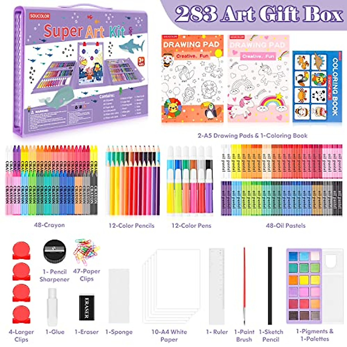 Soucolor Art Supplies, 283 Pieces Drawing Set Art Kits with Trifold Easel, 2 Drawing Pads, 1 Coloring Book, Crayons, Pastels, Arts and Crafts Gifts Case for Kids Girls Boys Teens Beginners (Purple)