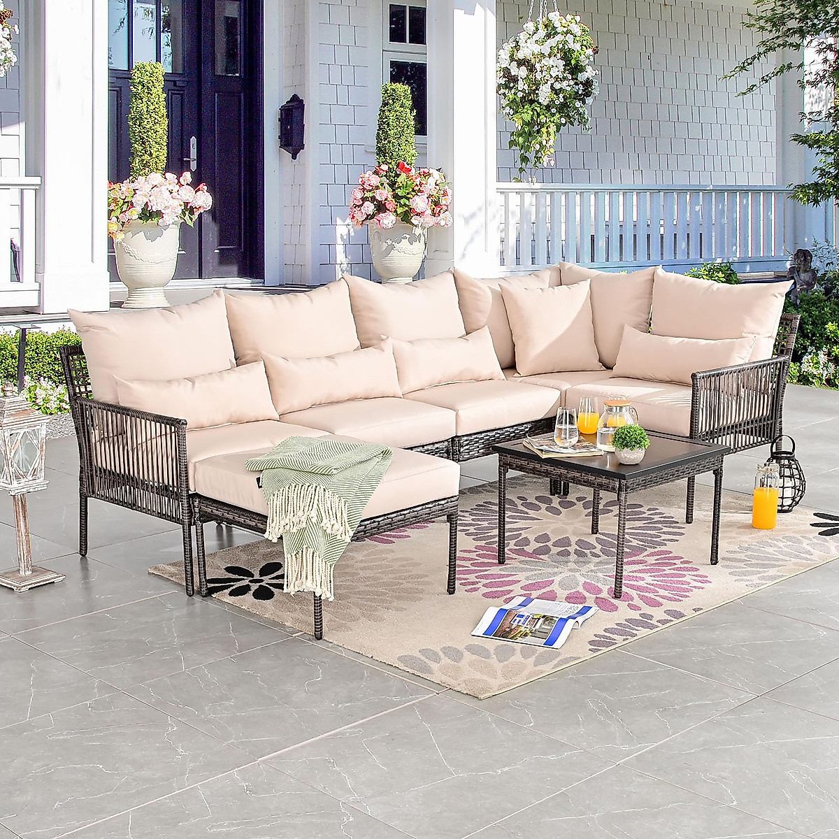 PatioFestival 7 Pieces Patio Furniture Sets All-Weather Outdoor PE Wicker Rattan Sectional Sofa Conversation Set with Thick Cushions and Coffee Table(Beige)