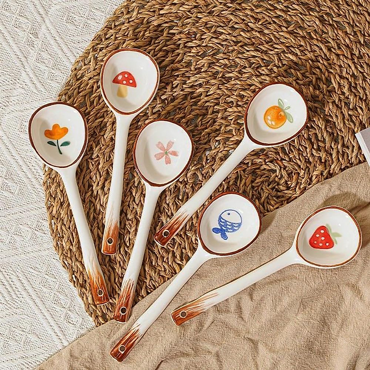 FYUEROPA Ceramic Soup Spoons Set Asian Spoons Chinese Japanese Tablespoon for Ramen Pho Wonton Dumplings Miso - Set of 6