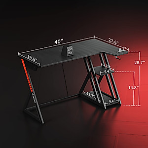 CubiCubi Carrier Gaming Desk 47 inch Gamer Workstation, Home Computer Carbon Fiber Surface Gaming Desk PC Table with Monitor Stand