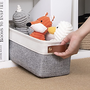 DULLEMELO Fabric Bathroom Storage Bin with Leather Handles, Narrow Organizer for Towels, Toilet Paper Rolls, Storage Basket for Back of Toilet, Vanities, Shelves & Cabinets (White&Gray)